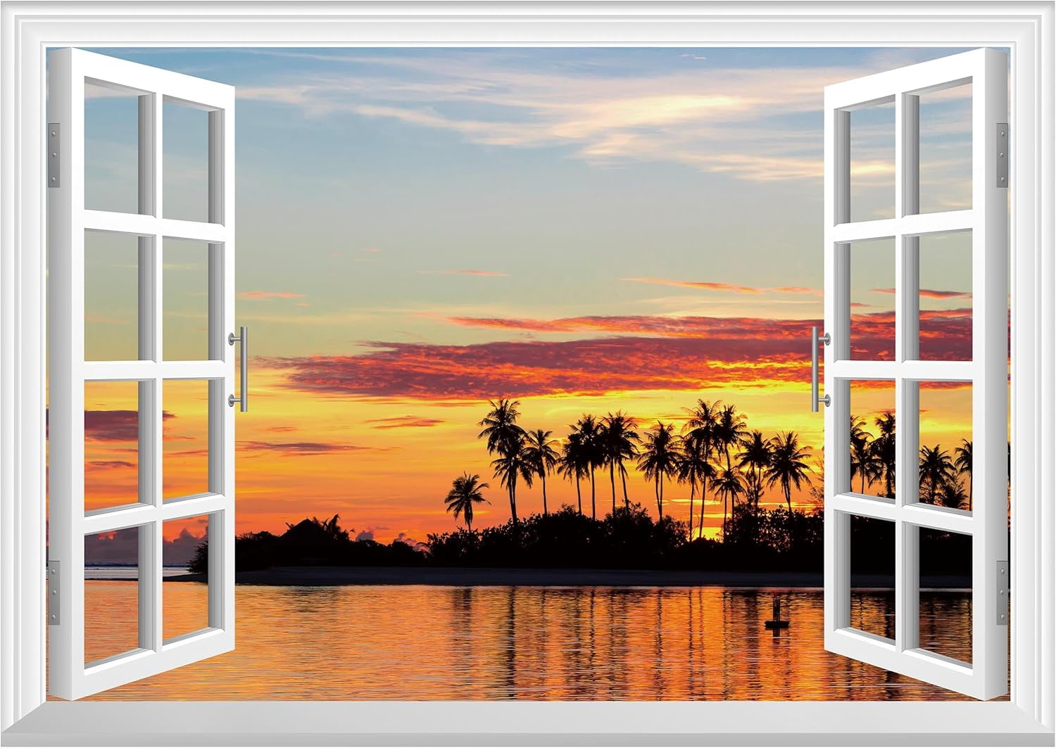 ADALE Fake Window Wall Mural Print Painting Posters Sunset Faux Window ...