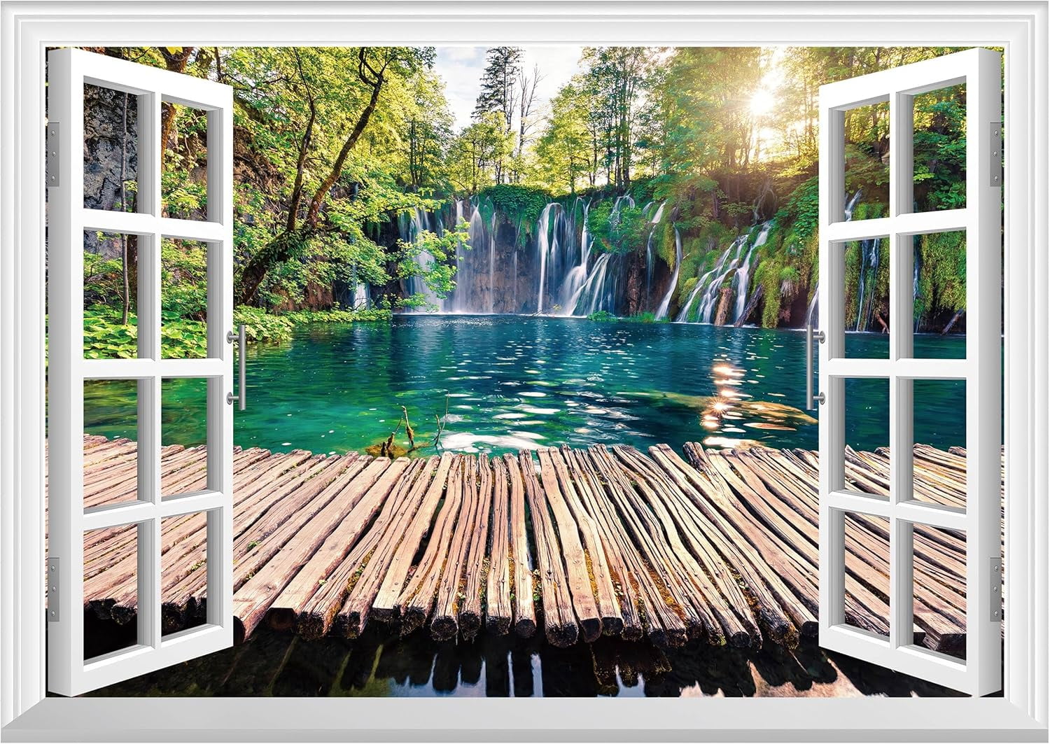 ADALE Fake Window Wall Mural Print Painting Posters Waterfalls in The Jungle Faux Window Wall ...