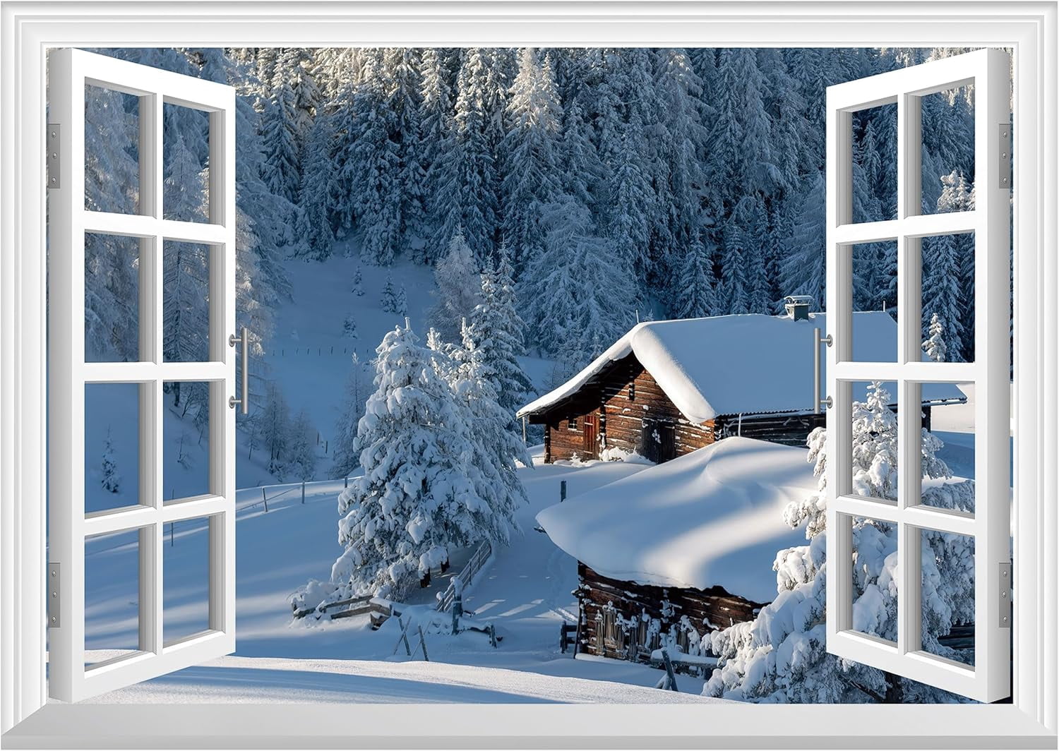 ADALE Fake Window Wall Mural Print Painting Posters Winter Cottage Faux ...