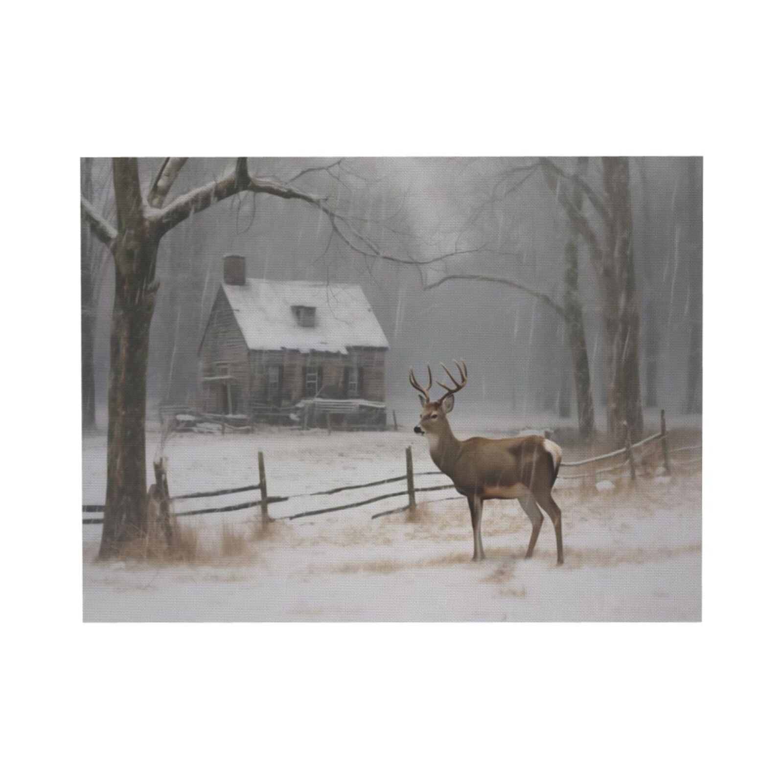 ADALE Farmhouse Canvas Wall Art Winter Snow Scenes with Deer Picture ...