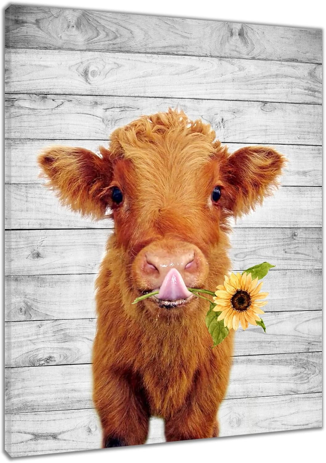 ADALE Farmhouse Cow Canvas Wall Art Funny Brown Cow with Sunflower its ...