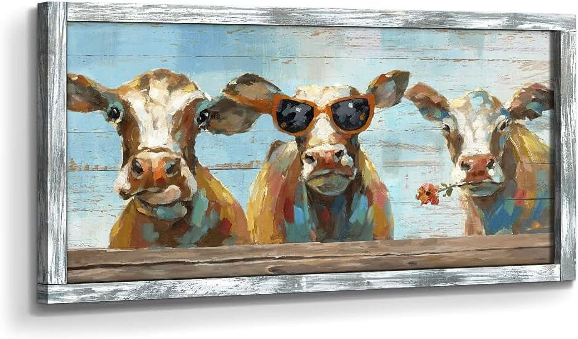 ADALE Farmhouse Cute Cattle Wall Art: Large Rustic Framed Wall Decor Funny Farm Animal Theme ...