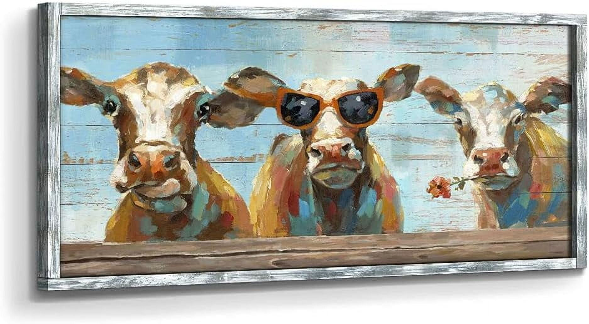 ADALE Farmhouse Cute Cattle Wall Art: Large Rustic Framed Wall Decor Funny Farm Animal Theme ...