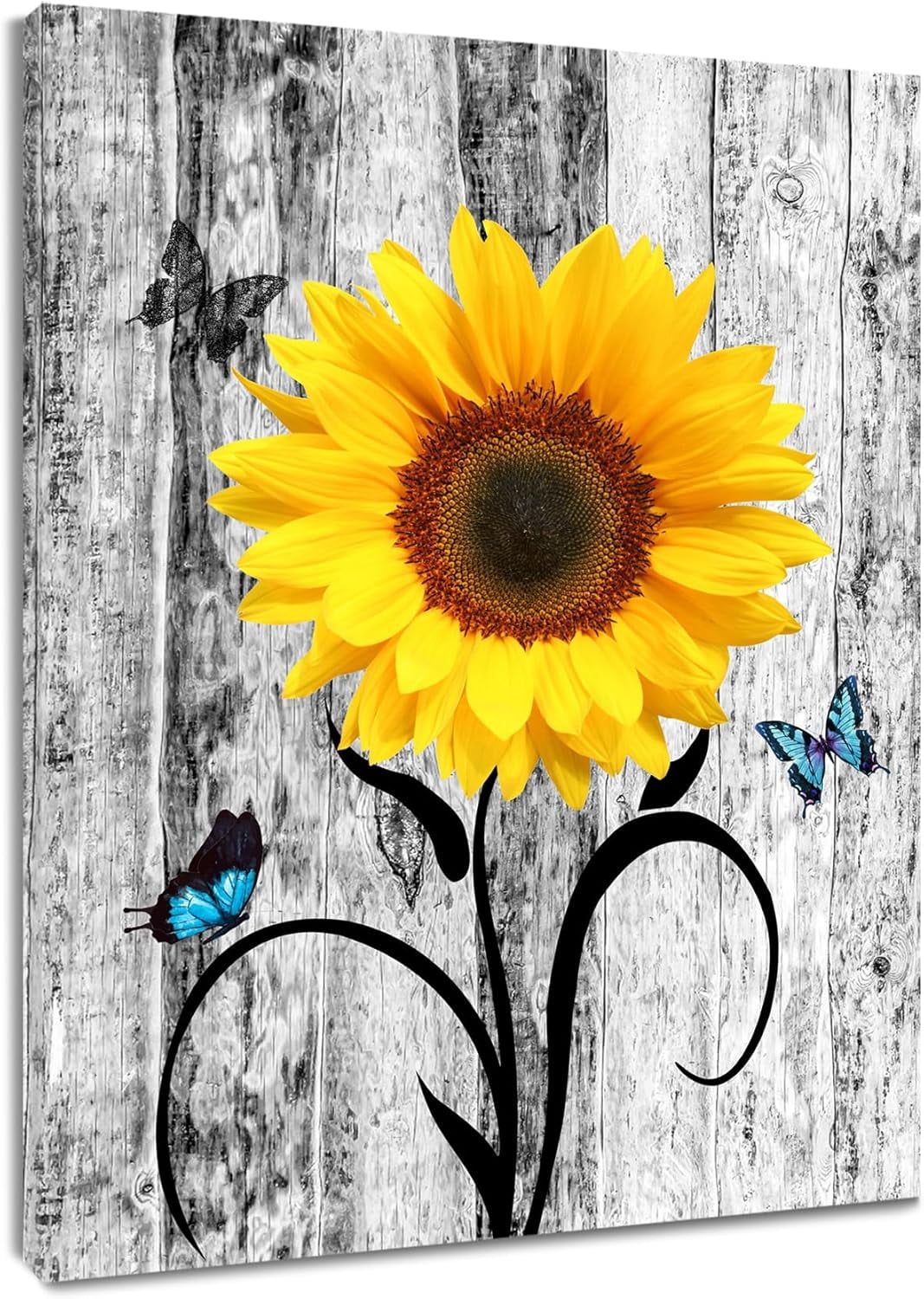 ADALE Farmhouse Sunflower Wall Art Floral Blue Butterfly on Gray Wood ...