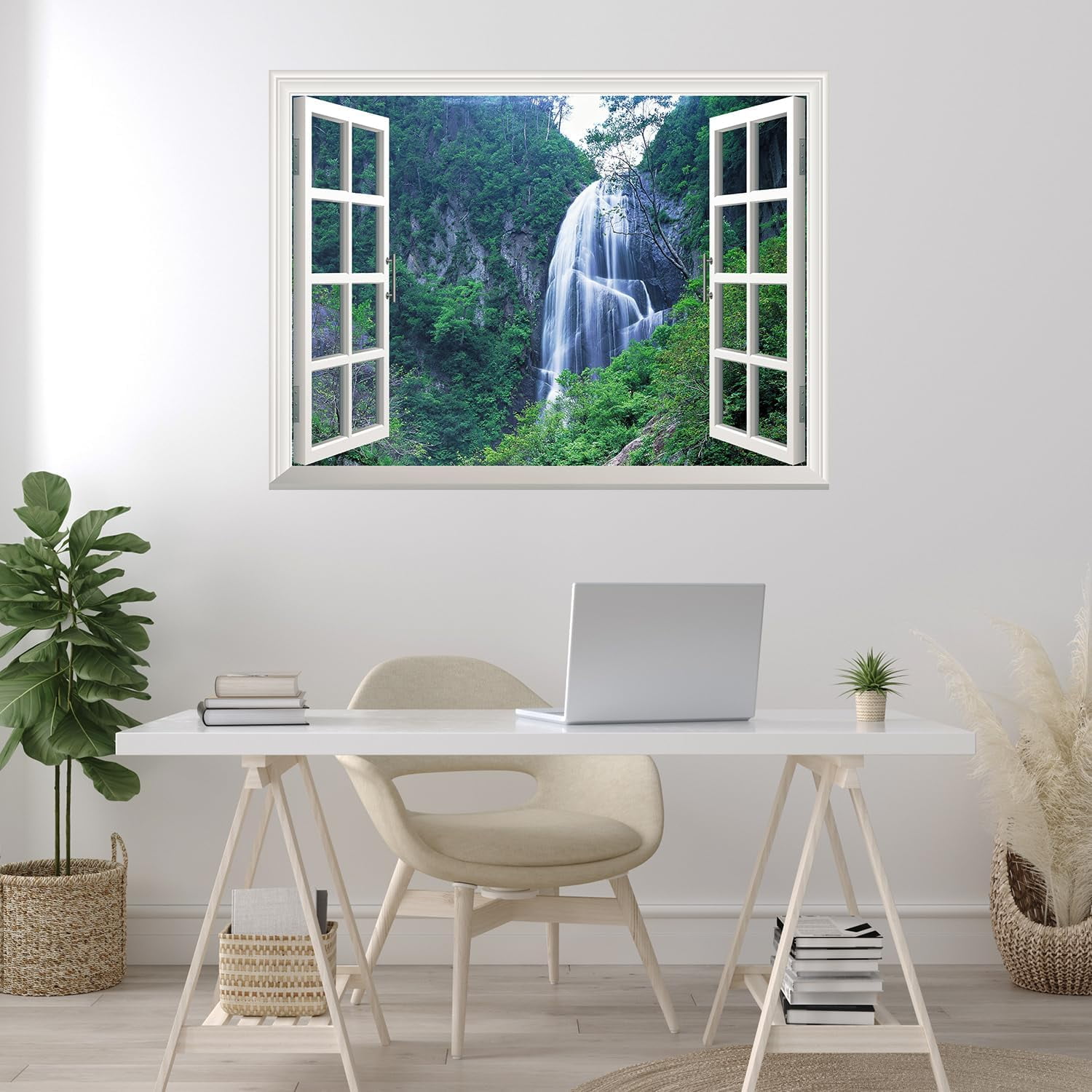 ADALE Grand Waterfall Green Mountain Open Window Wall Mural Print ...