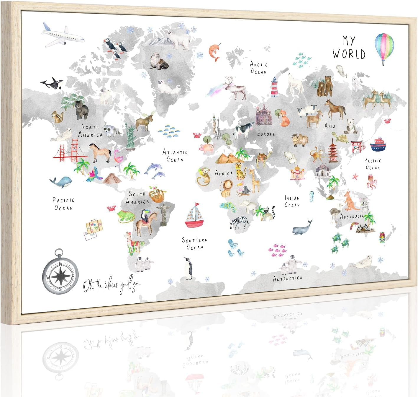 ADALE Grey Kids World Map Wall Art Animal Map Canvas Wall Art ...