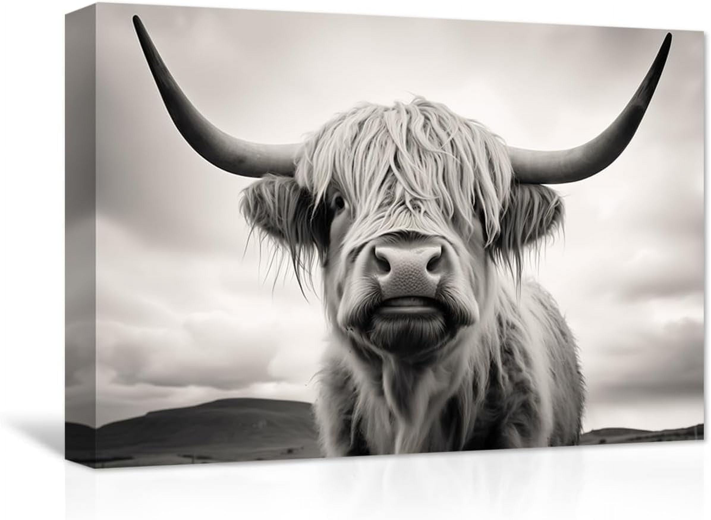 ADALE Highland Cow Canvas Wall Art Black and White Cattle Painting ...