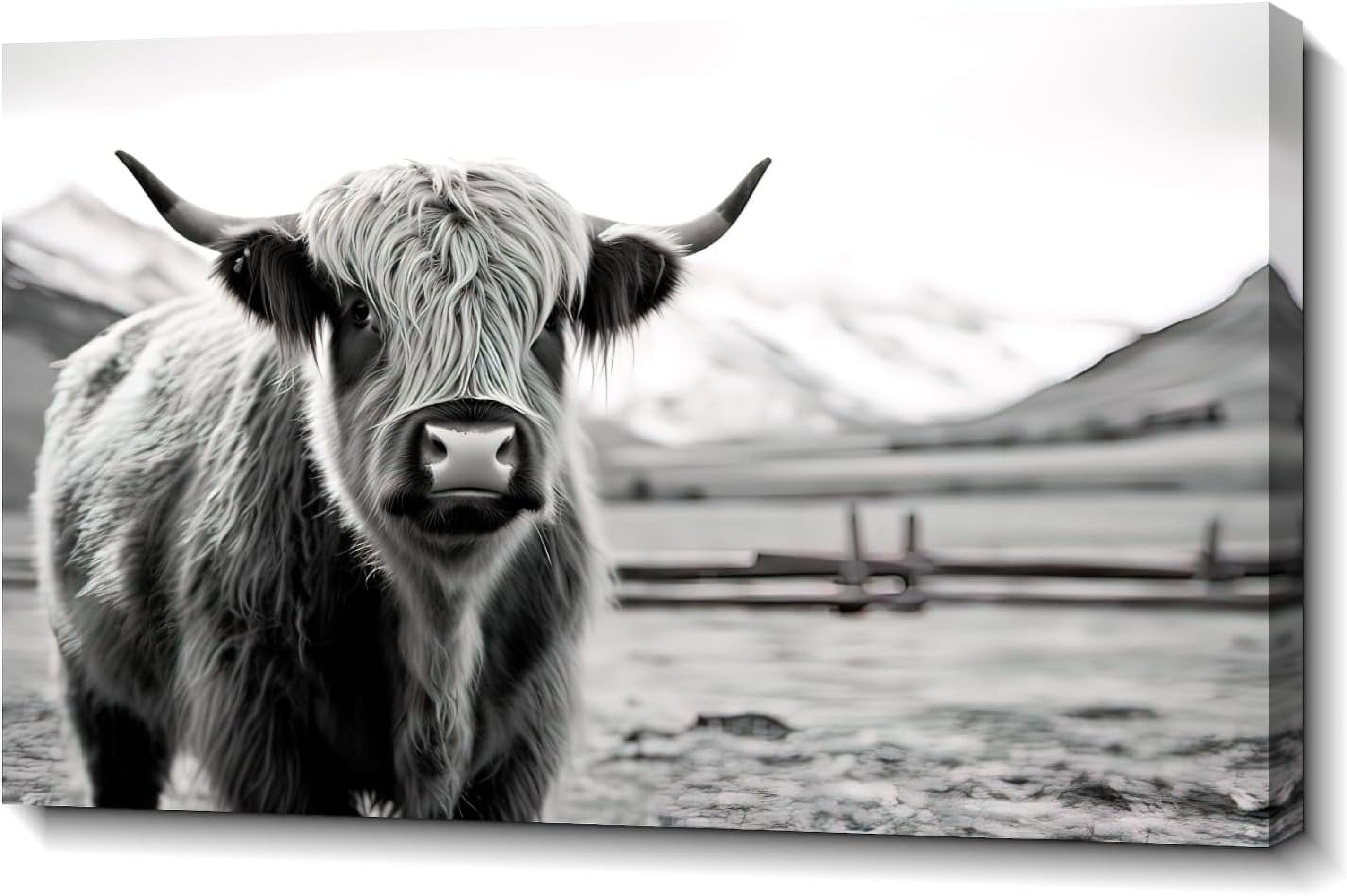 ADALE Highland Cow Canvas Wall Art Cute Cattle with White Daisy Flower ...