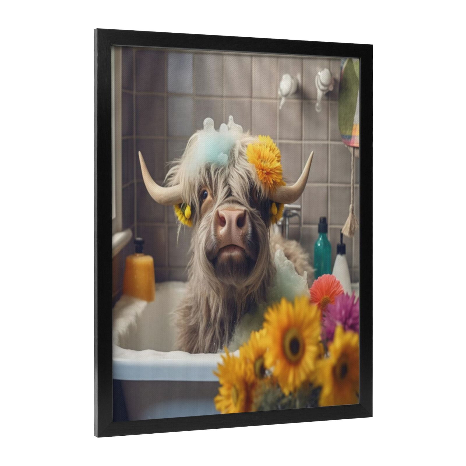 ADALE Highland Cow Decor - Adorable Highland Cow with Rose Canvas Print ...