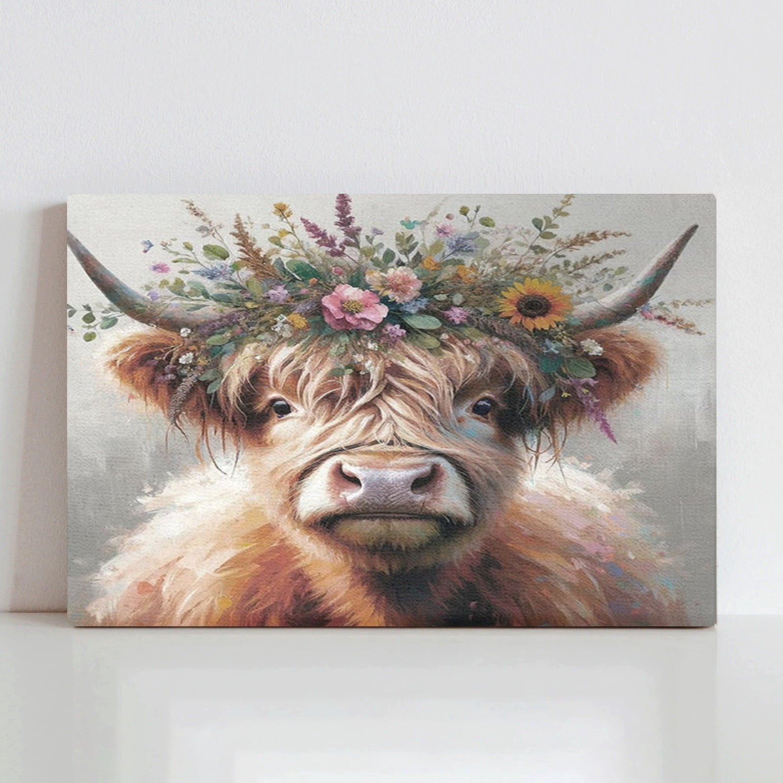 ADALE Highland cow wall art,Highland Cow with Floral Crown Canvas Art ...