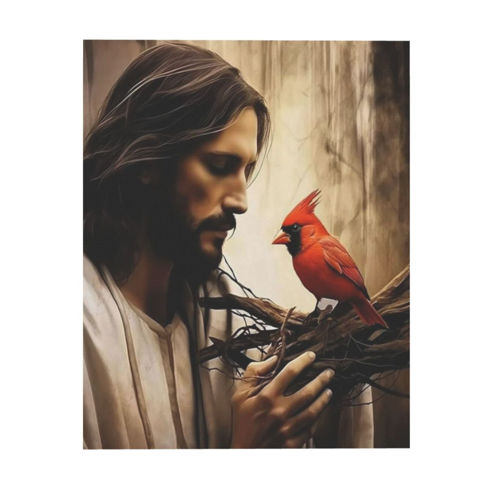 ADALE Jesus Canvas Wall Art Jesus with Red Birds Cardinal Picture Print ...