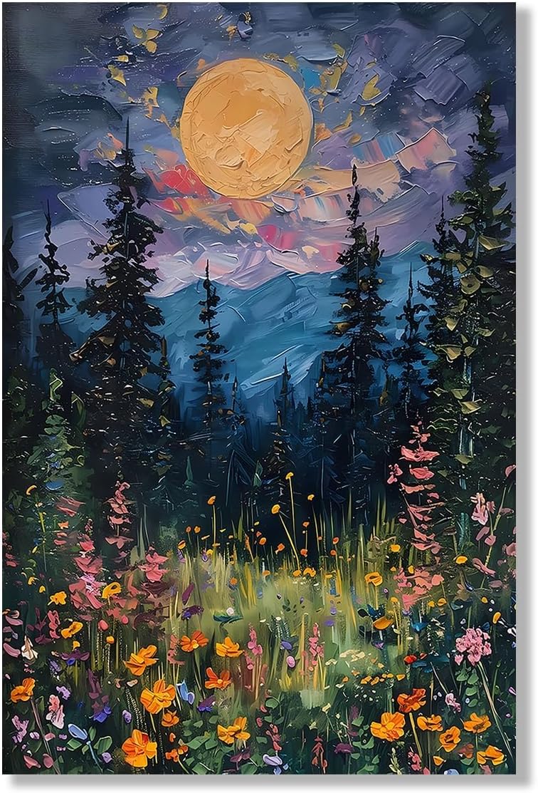 ADALE Moon above the wildflowers and woodland art print poster full ...