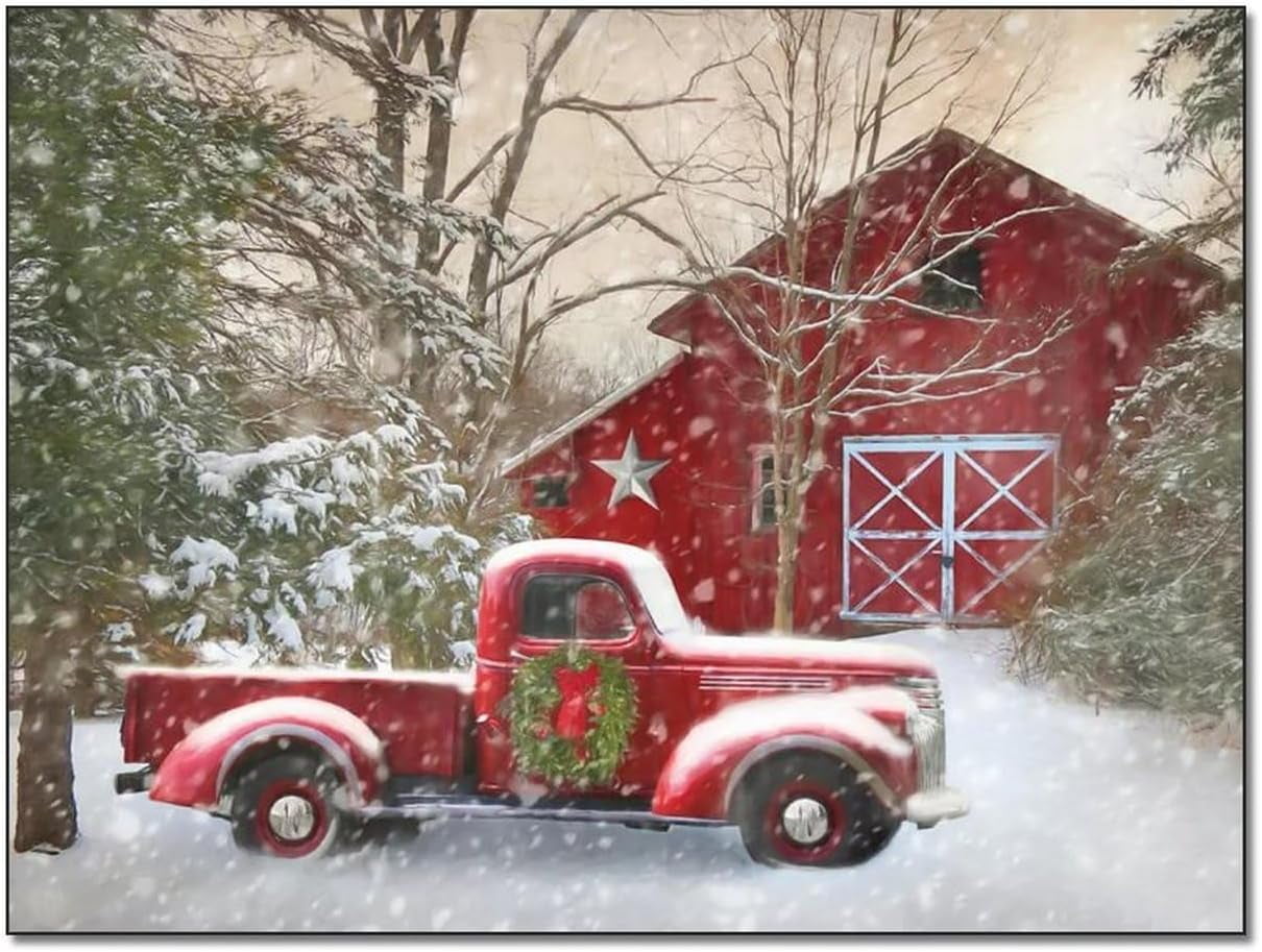 ADALE Posters Red Car Merry Christmas Painting Oil Christmas Tree Old ...