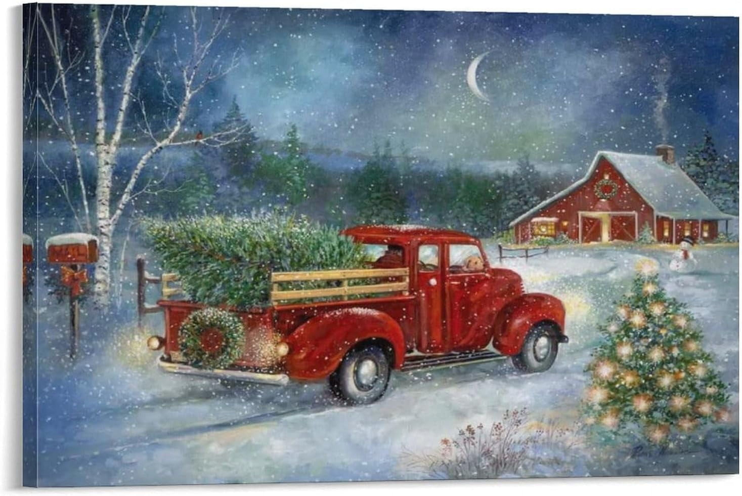 ADALE Posters Vintage Christmas Tree And Red Truck Wall Art Beautiful ...