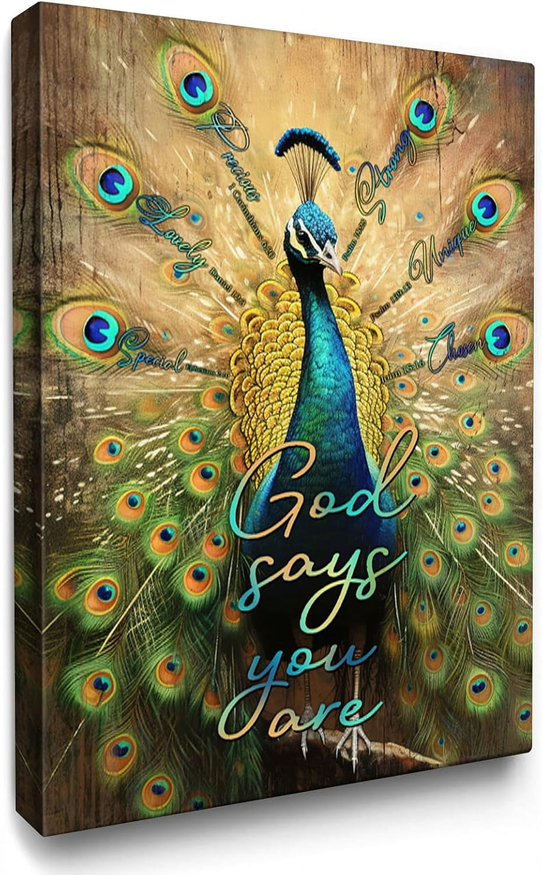 ADALE Religious Peacock Canvas Wall Art Christian Peacock Patg Wall Decor God Says You Are Bible ...