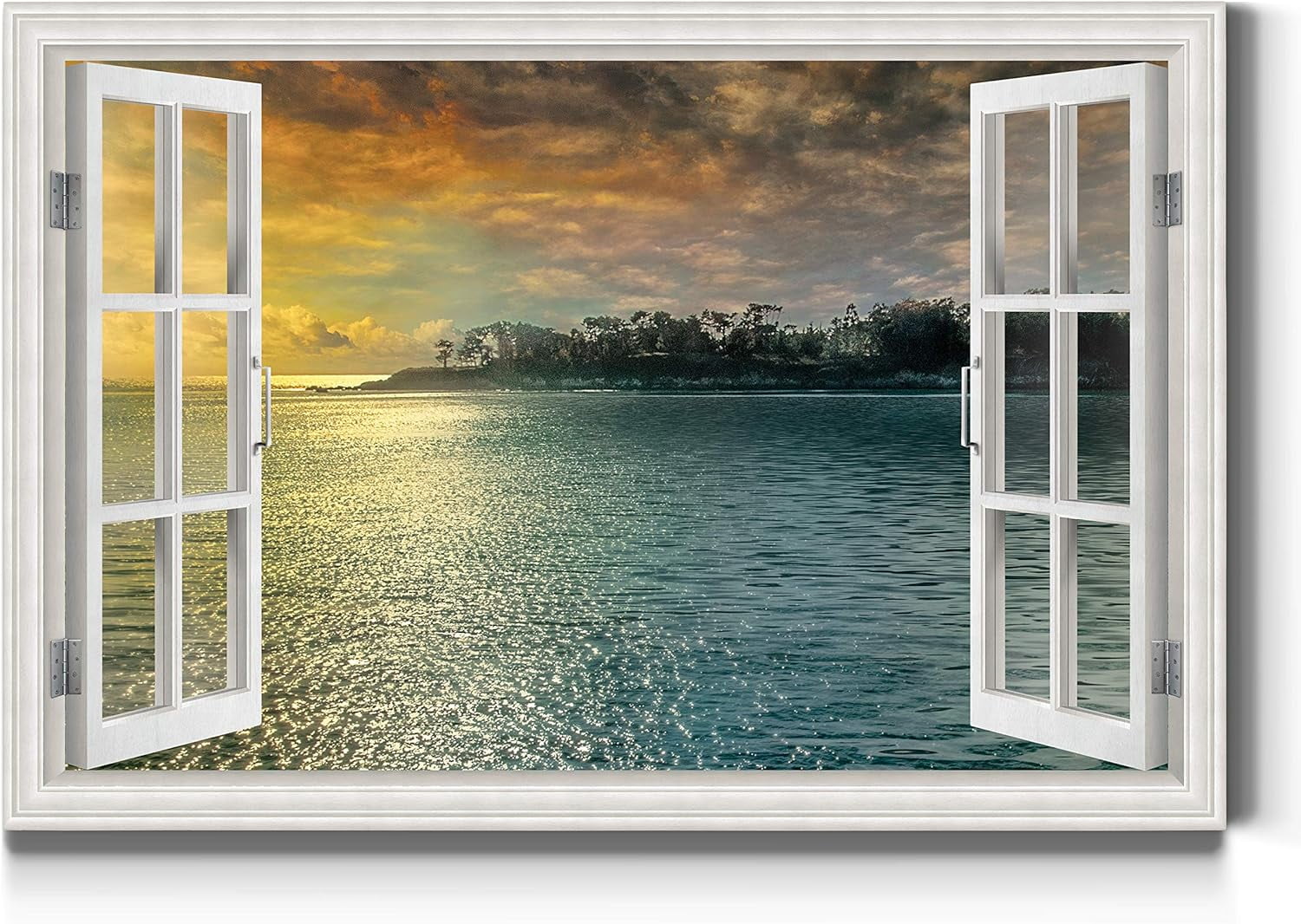 ADALE Renditions Gallery Nature Art Decor Window View of Green Sun Glittering Sea Shades Canvas ...
