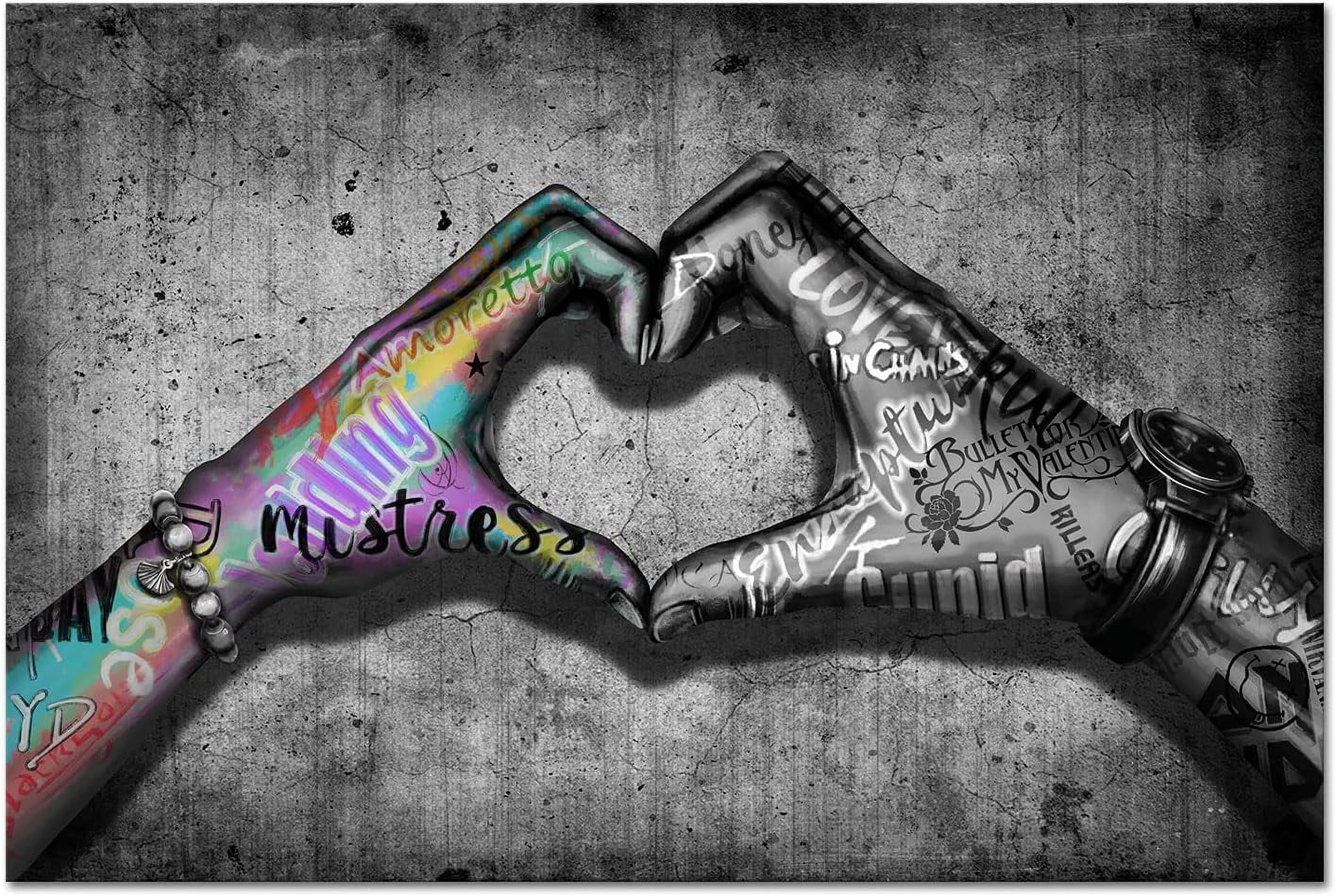 ADALE Retro Canvas Wall Art Graffiti Hand Love Heart Gesture Canvas ...