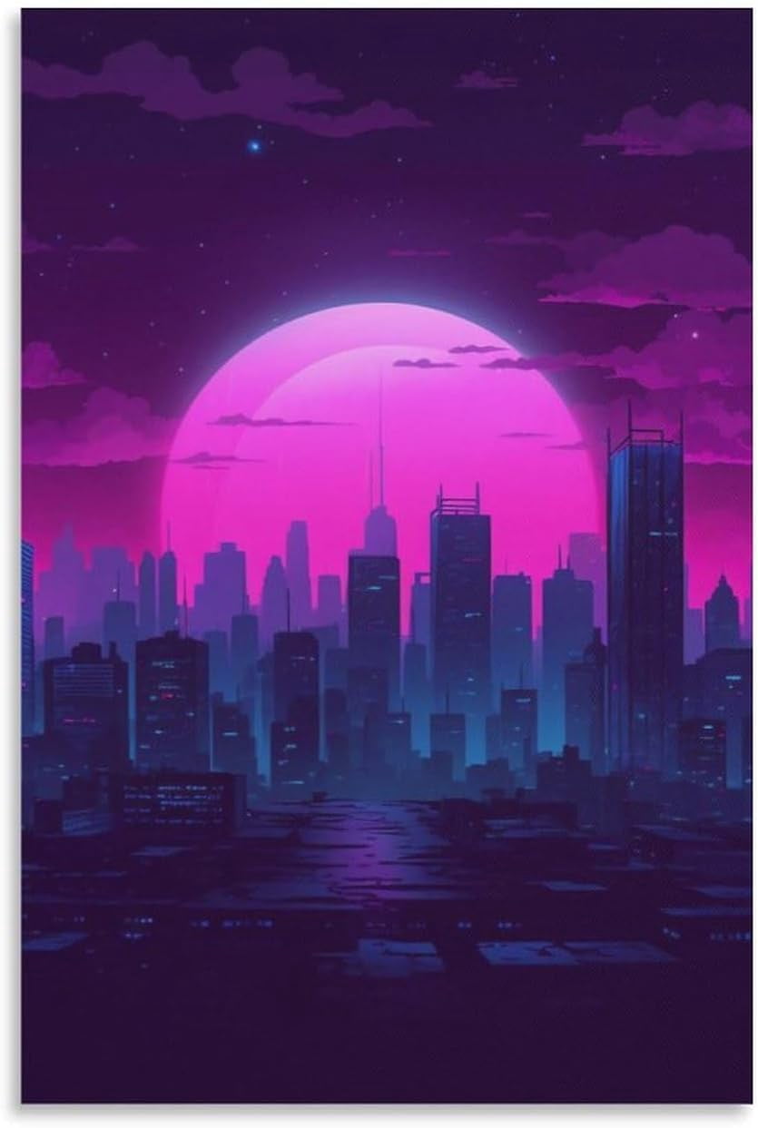 ADALE Sunset Purple Vaporwave Cityscape Synthwave Retrowave Neon Poster ...