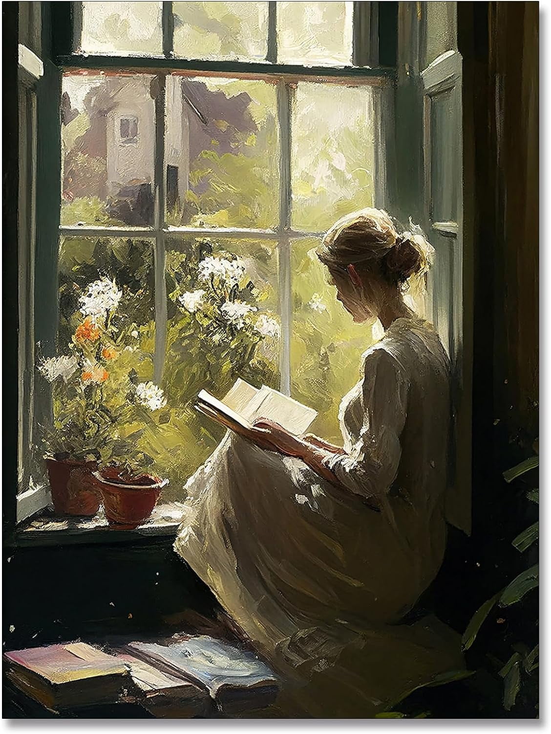ADALE Vintage Portrait Oil Painting Wall Art Retro Library Girl Reading ...
