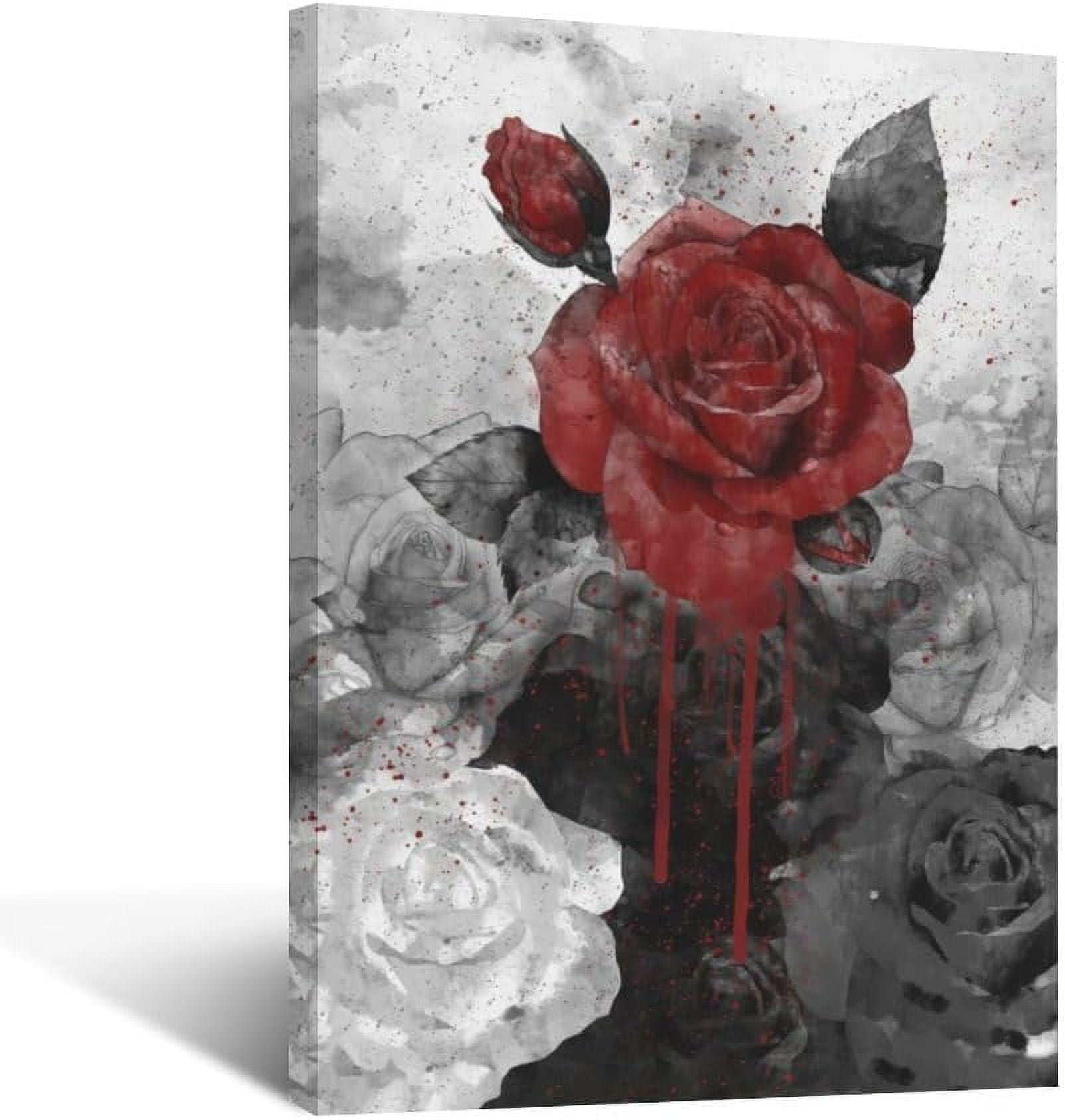 ADALE Vintage Rose Painting Canvas Wall Art, Retro Black And White Red ...