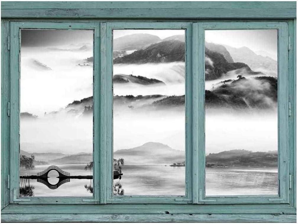 ADALE Vintage Teal Window Looking Out Into a Black and White Lake with ...