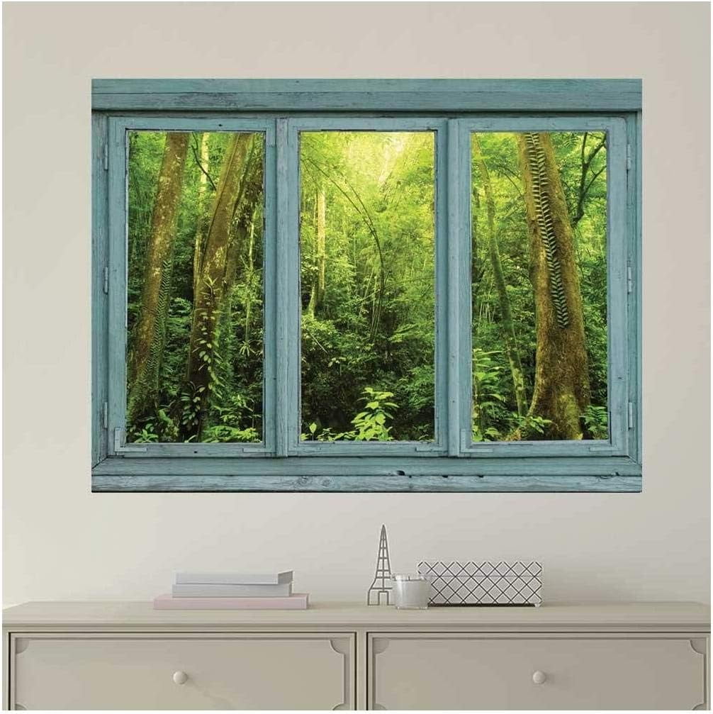 ADALE Vintage Teal Window Looking Out Into a Green Jungle Wall Mural ...