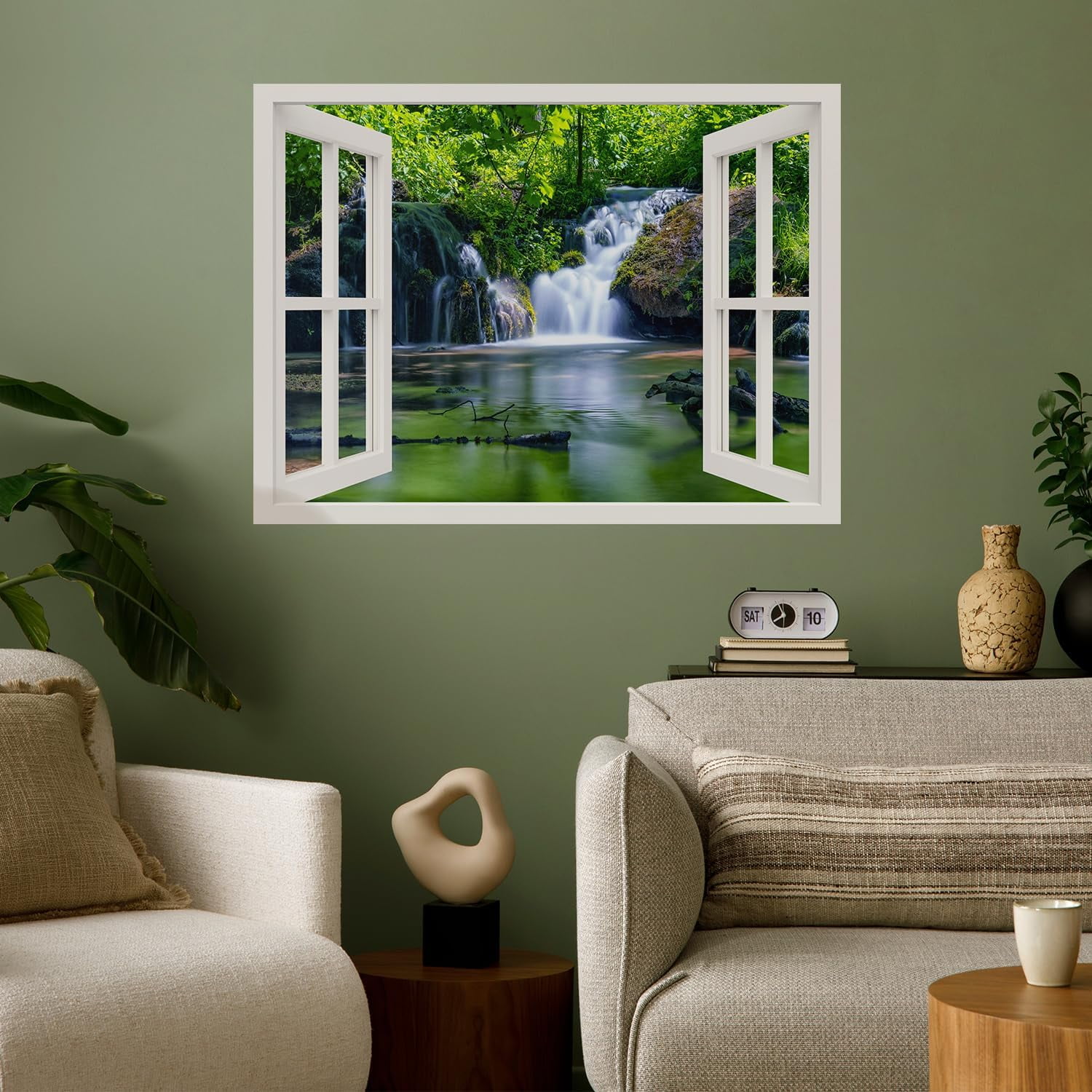 ADALE Wall Art Vibrant Spring Season Forest Waterfall Lake Open Window ...