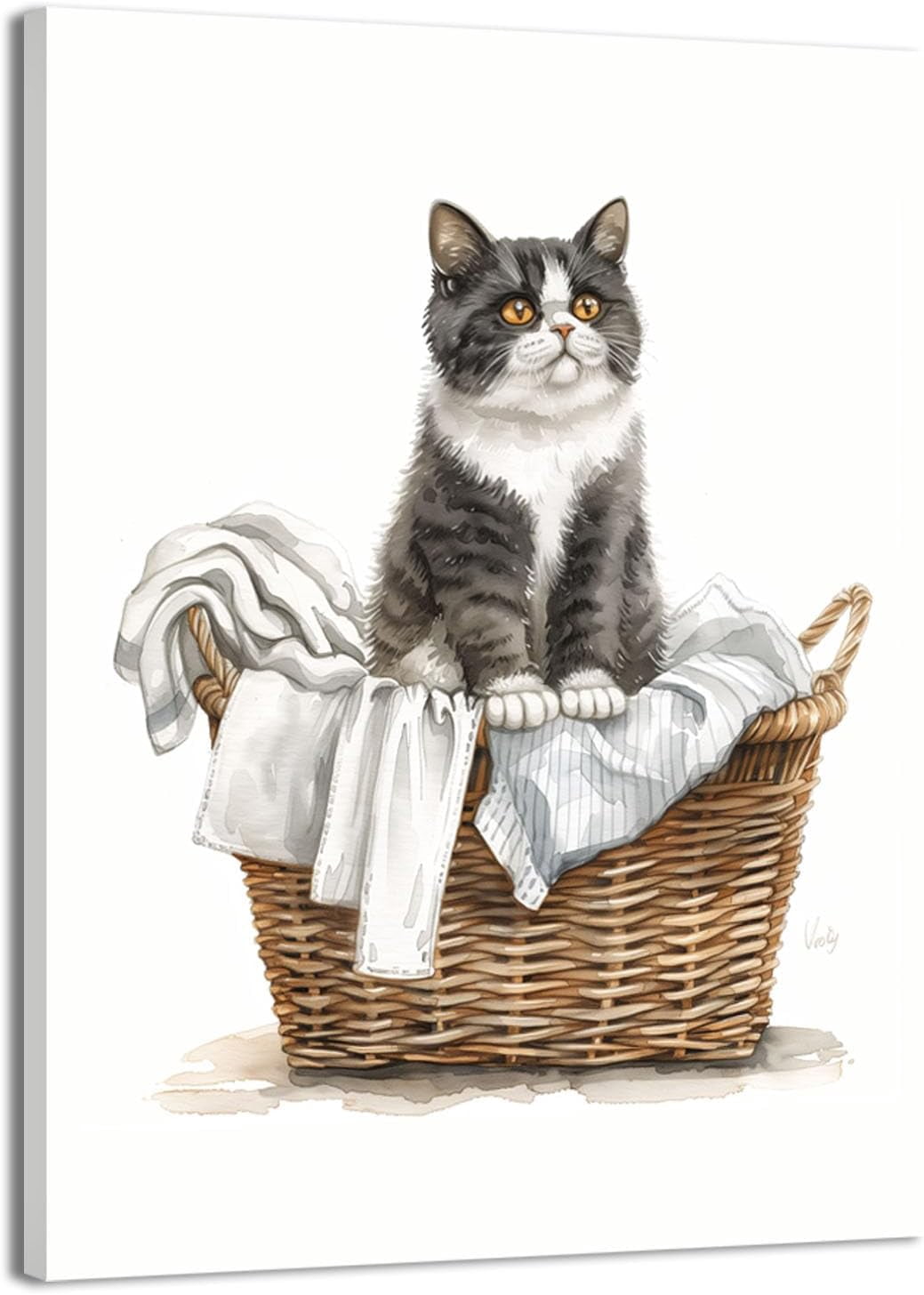 ADALE Watercolor Cat in Laundry Basket Wall Art Canvas Prints for ...