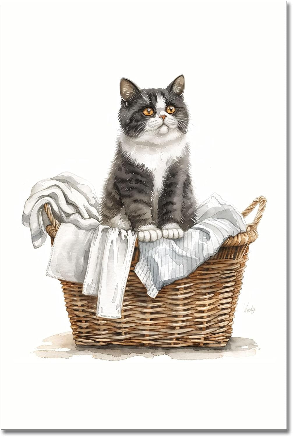 ADALE Watercolor Cat in Laundry Basket Wall Art Canvas Prints for ...