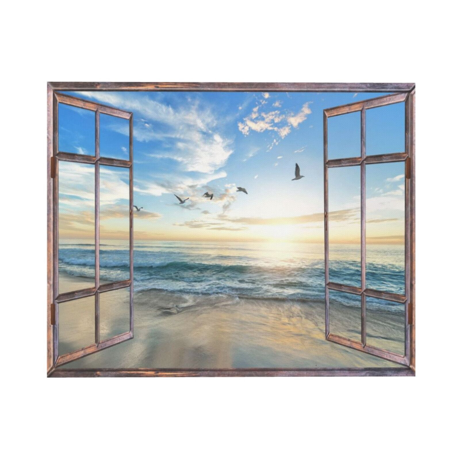 ADALE Window Beach Canvas Wall Art Sunset Ocean Pictures Flying Seagull ...