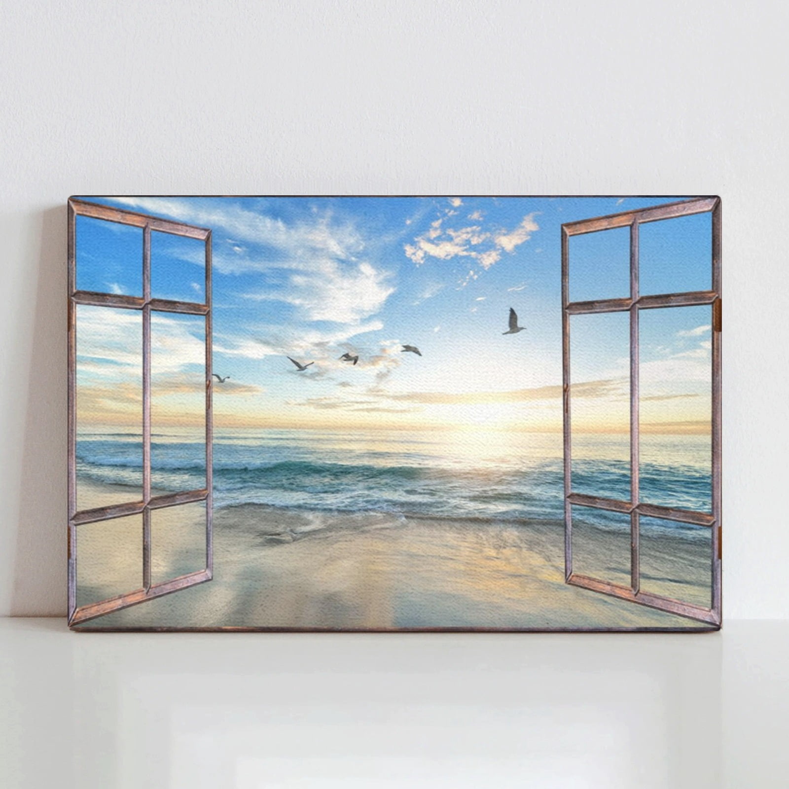 ADALE Window Beach Canvas Wall Art Sunset Ocean Pictures Flying Seagull ...