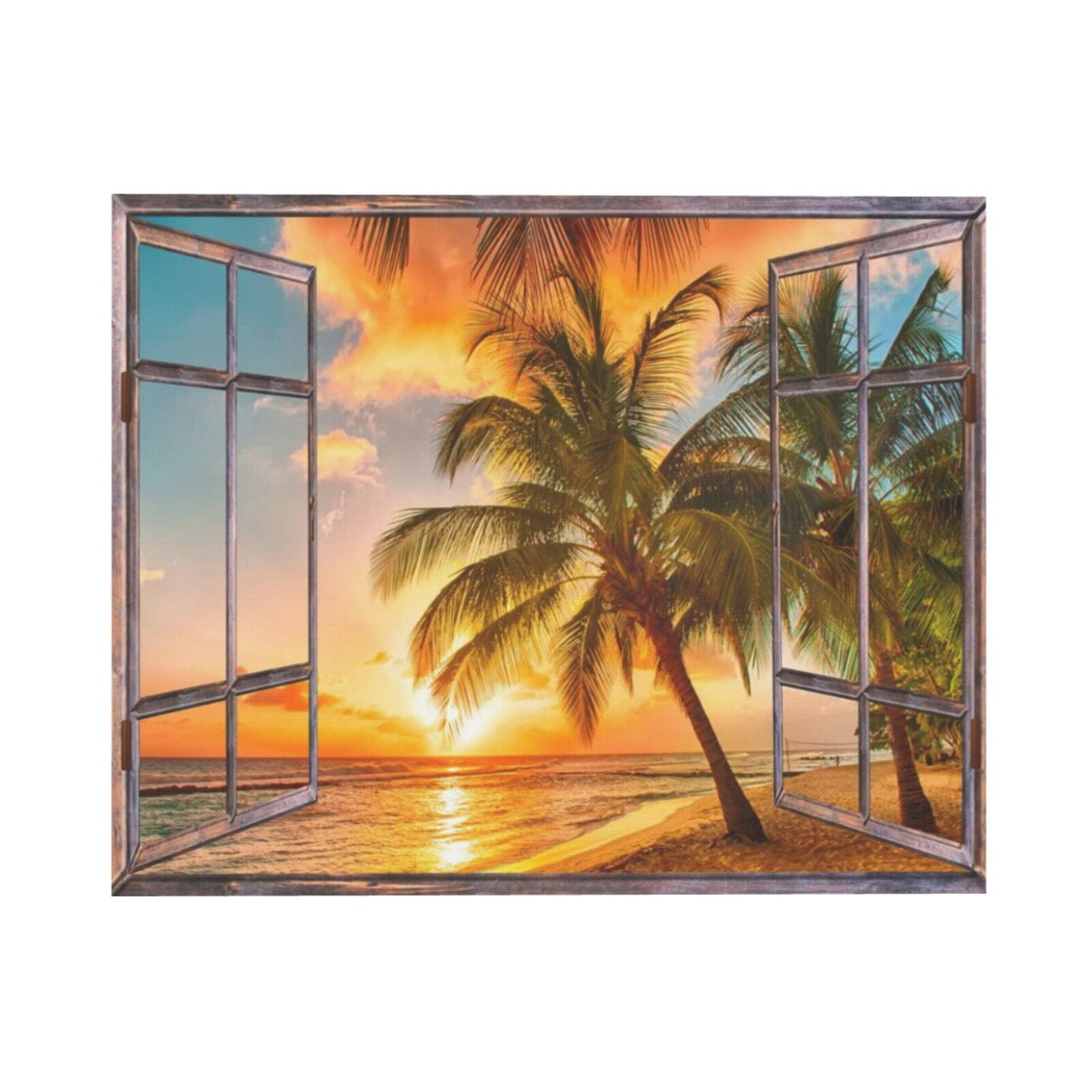 ADALE Window Ocean Scenery Wall Art Sunset Beach Canvas Pictures Palm ...