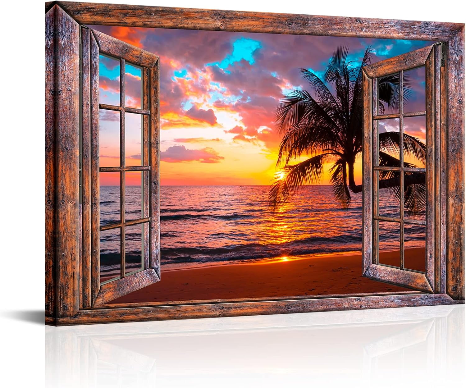ADALE Window View of Hawaii Seascape Canvas Wall Art Tropical Palm Tree ...