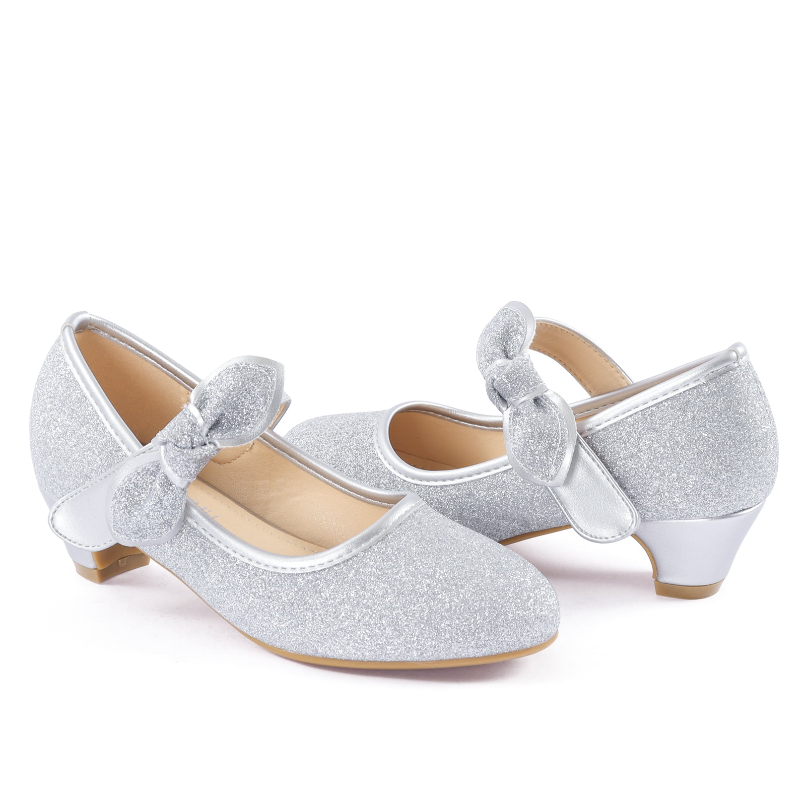 ADAMUMU Toddler's Silver Glitter Princess Dress Shoes, High Heel Mary ...