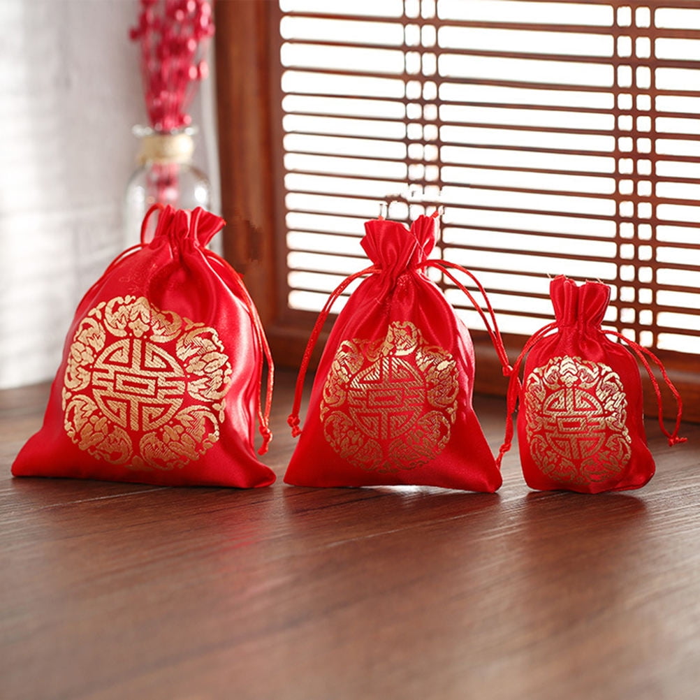 ADDHAT 20Pcs Drawstring Pouch Candy Bags Red Brocade Design for Wedding ...