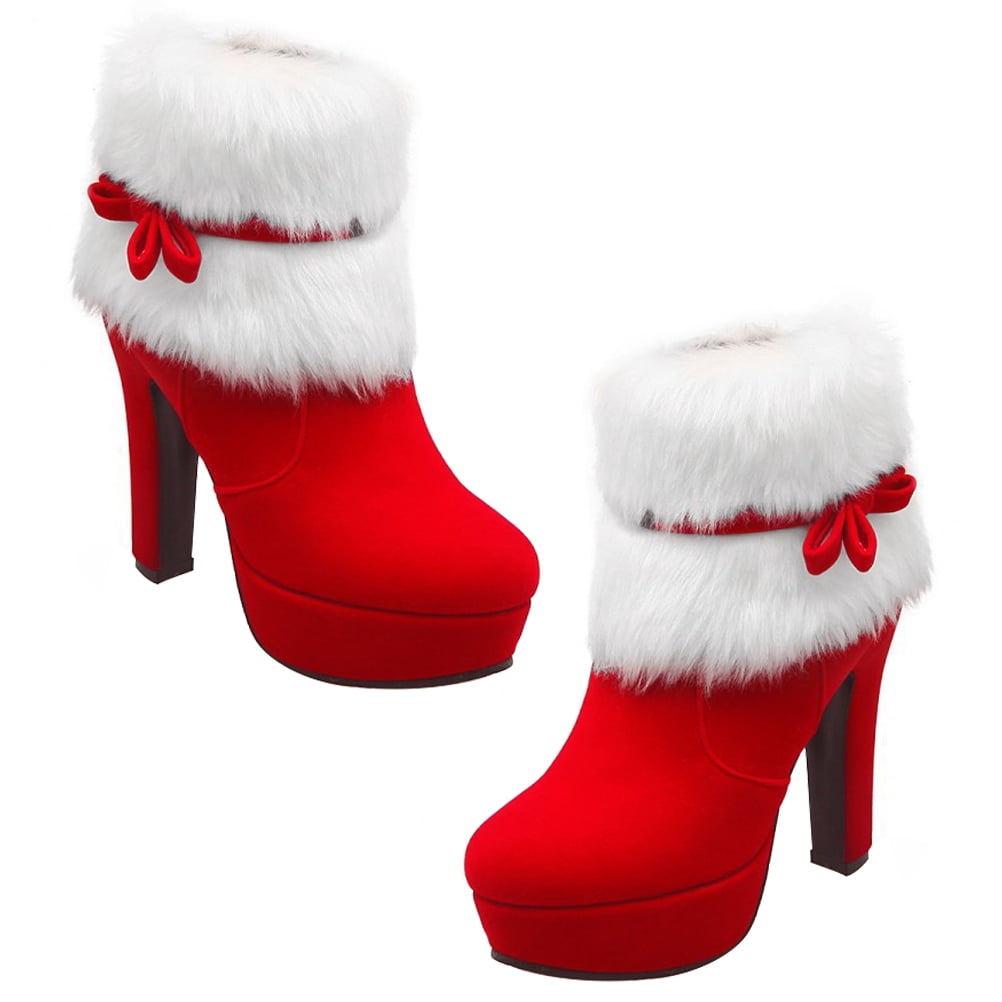 ADDHAT Holiday Christmas Red Ankle Boot Womens Winter Plush Short Boot ...