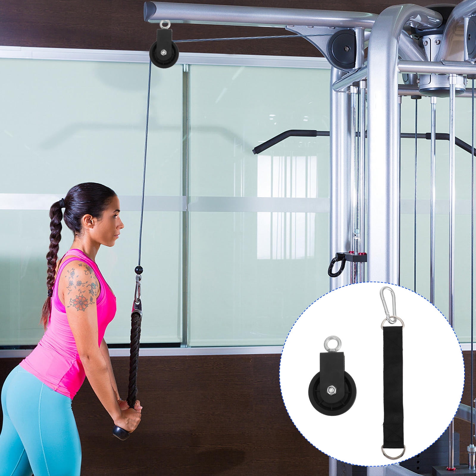 ADDHAT Gym Pulley Wheel Set Black with Strap and Carabiner Quiet ...