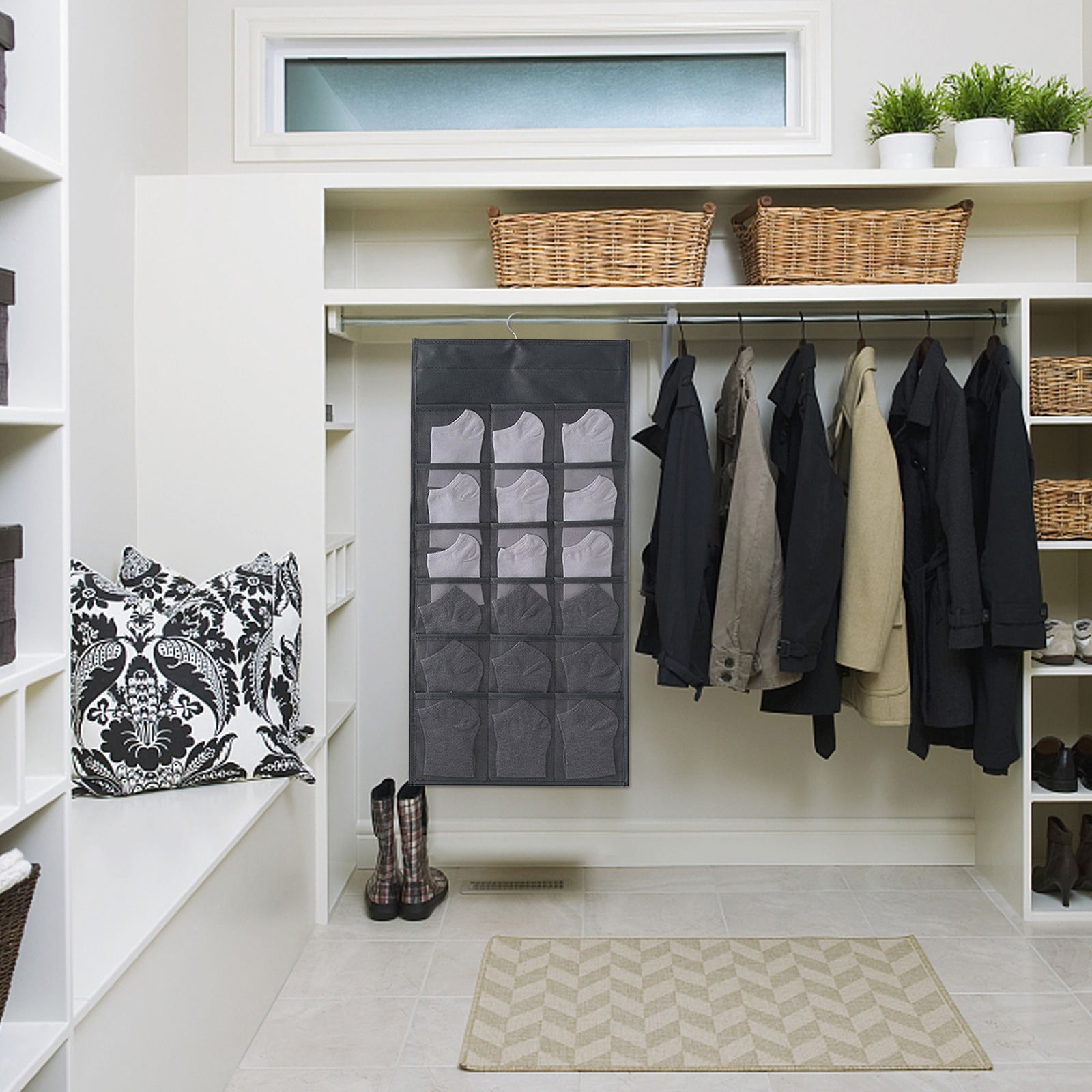 ADDHAT Hanging Storage Holder Grey Cloth Multi Grids Storage for Living ...