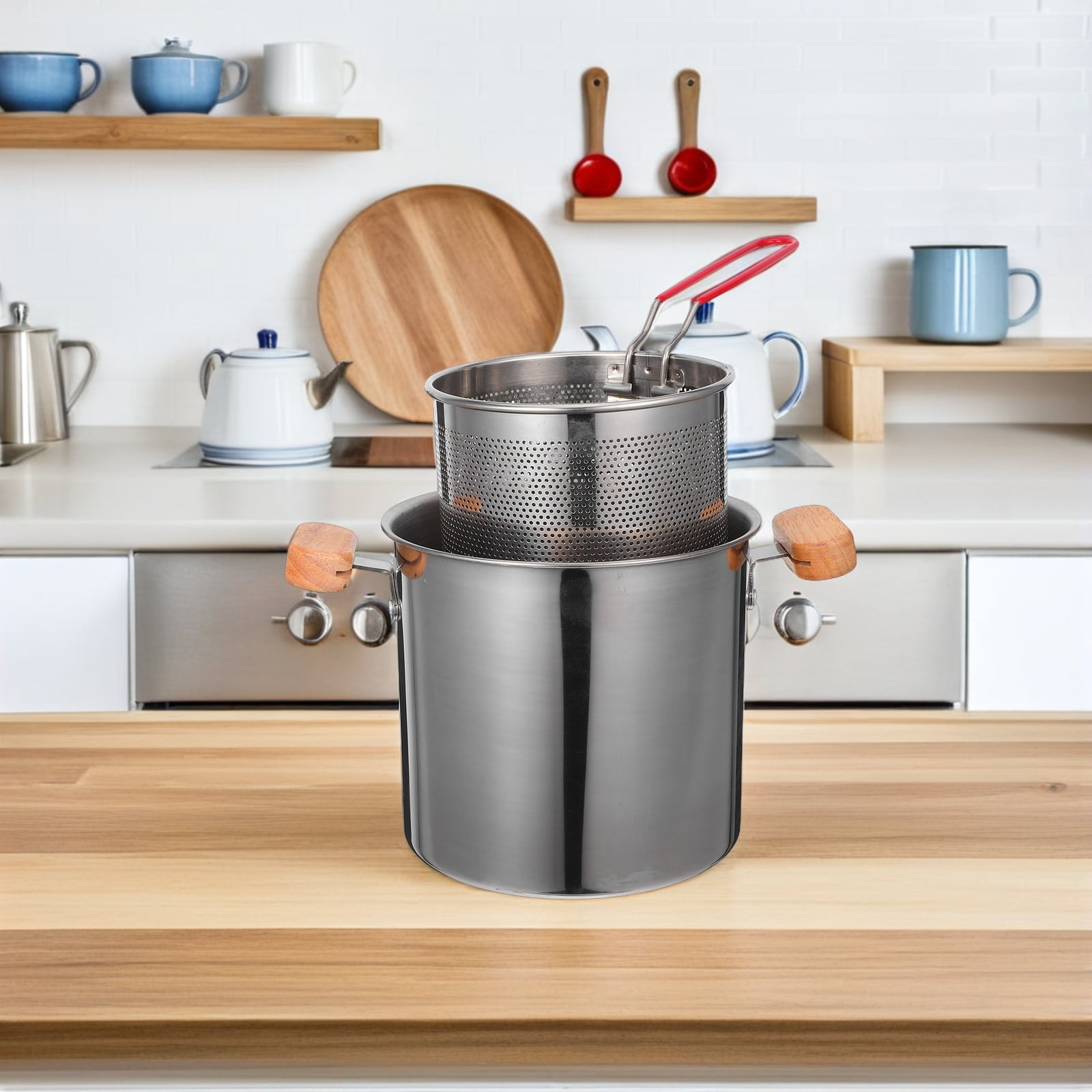 ADDHAT Silver Stainless Steel Deep Fryer Pot, Wood Handle, for Kitchen ...