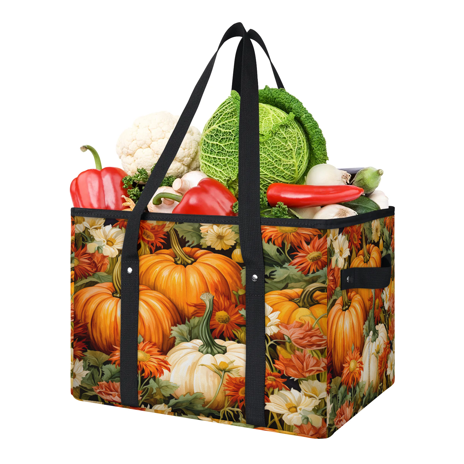 ADECORIVY Autumn Pumpkin Flowers Reusable Grocery Bags, Foldable ...
