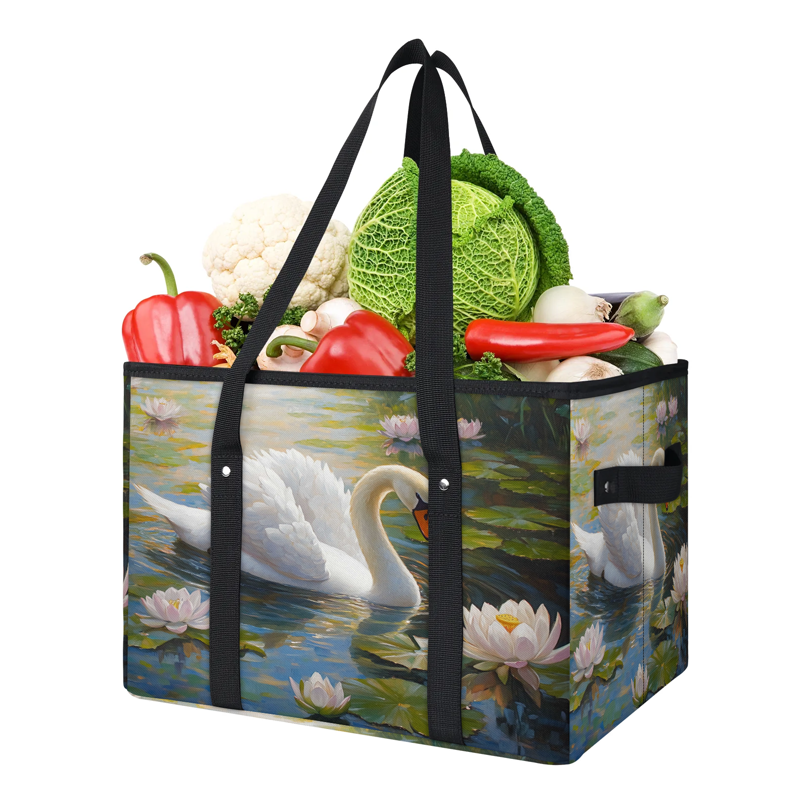 ADECORIVY Beautiful White Swan Lake Reusable Grocery Bags, Foldable ...