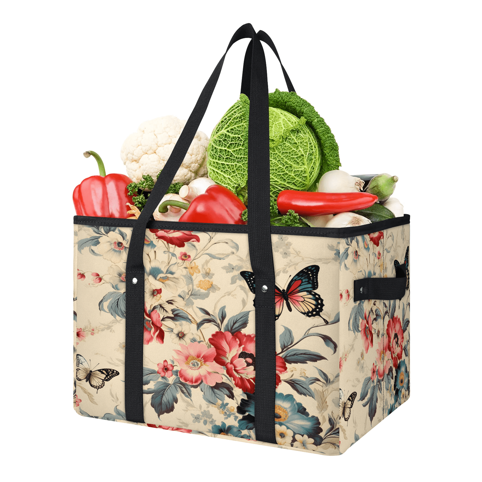 ADECORIVY Butterfly Vintage Flower Reusable Grocery Bags, Foldable ...