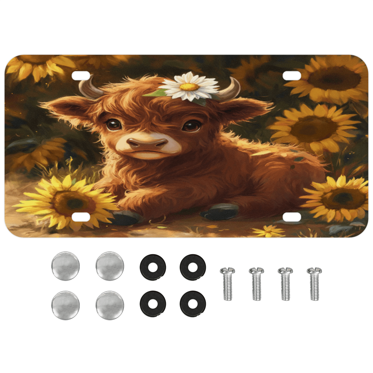 ADECORIVY Cute Highland Cow Sunflowers License Plate, Aluminum ...