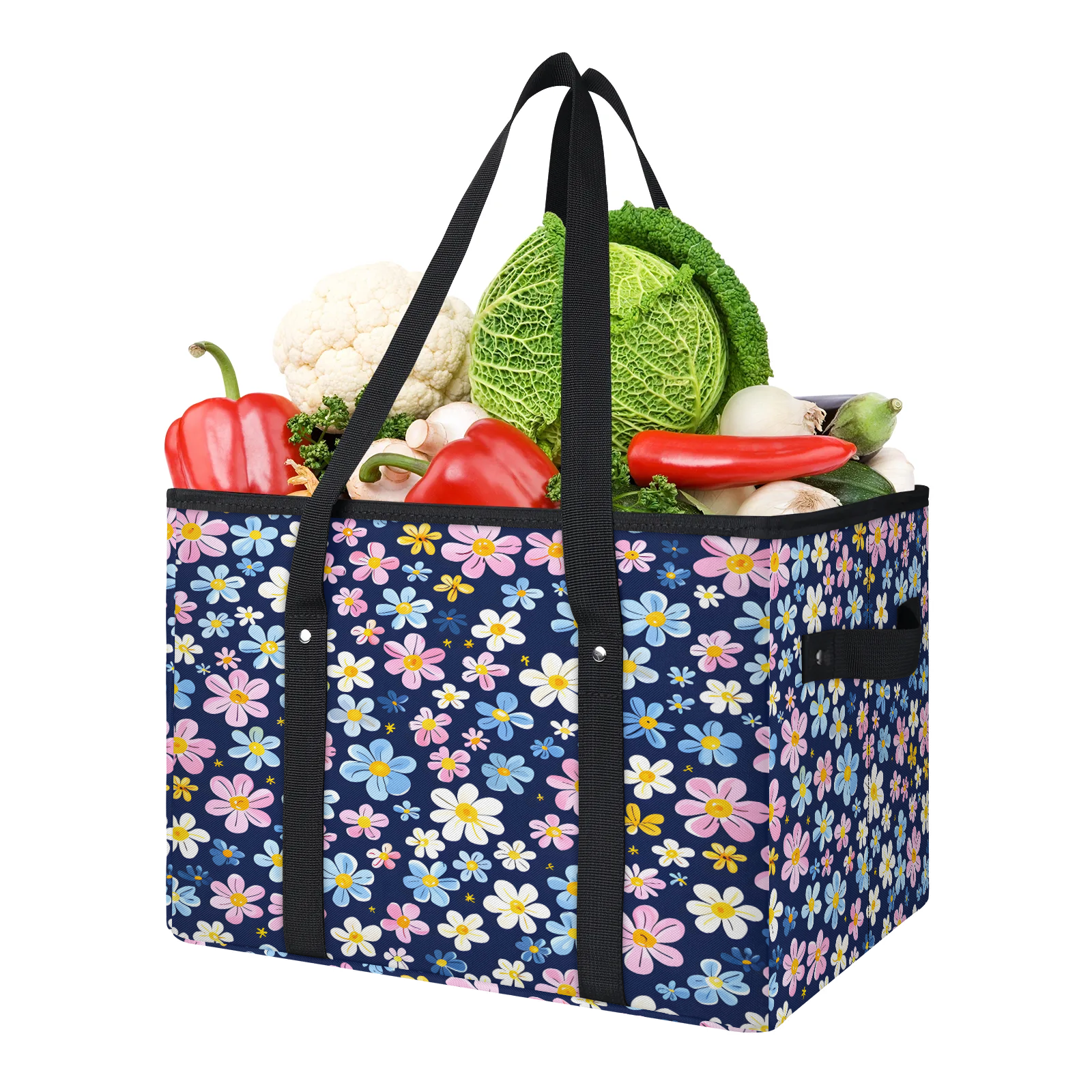 ADECORIVY Daisy Pink Blue Reusable Grocery Bags, Foldable Shopping Bags ...