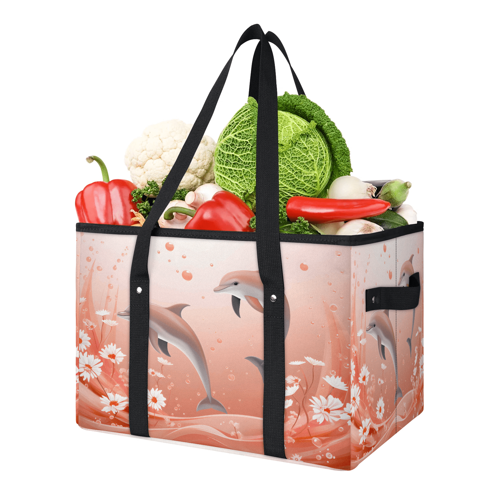 ADECORIVY Dolphin Daisy Flower Reusable Grocery Bags, Foldable Shopping ...