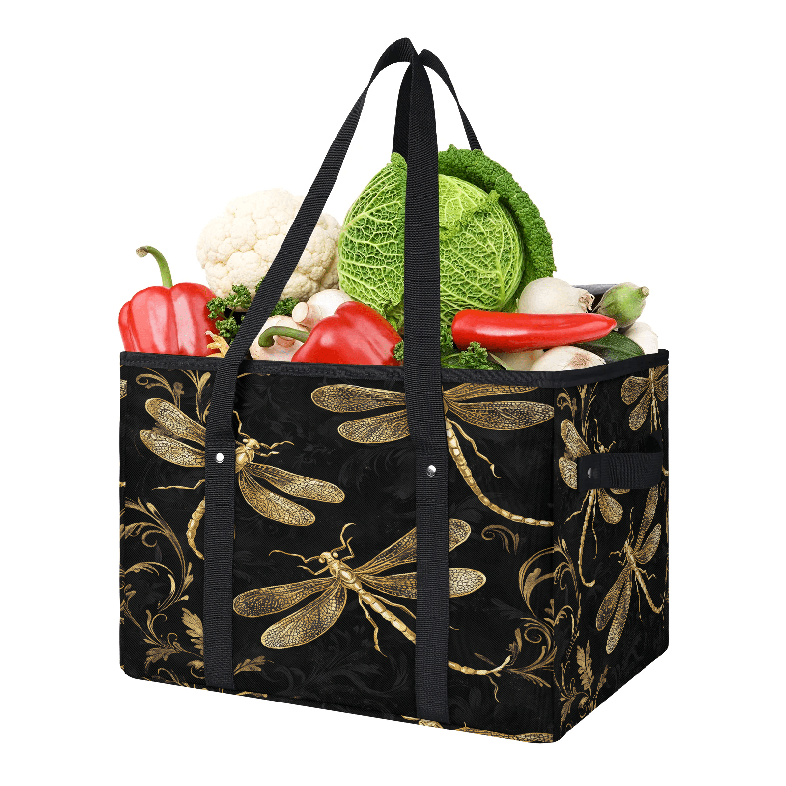 ADECORIVY Gold Dragonflies Dark Reusable Grocery Bags, Foldable ...
