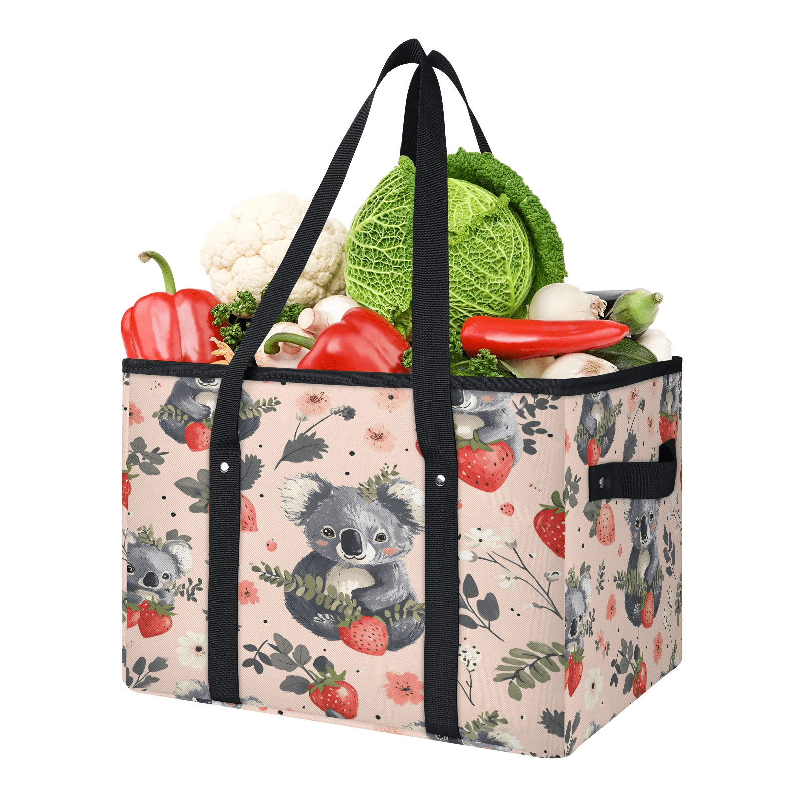 ADECORIVY Koala Strawberry Flowers Reusable Grocery Bags, Foldable ...