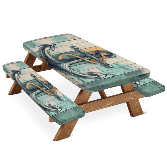 ADECORIVY Nautical Anchor Wood Board Picnic Table Cover with Bench ...
