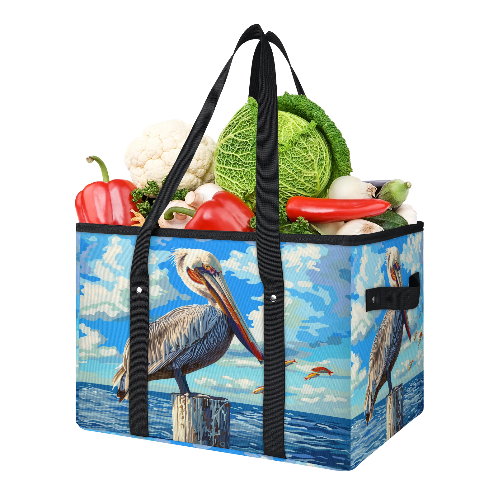 ADECORIVY Pelican Ocean Beach Reusable Grocery Bags, Foldable Shopping ...