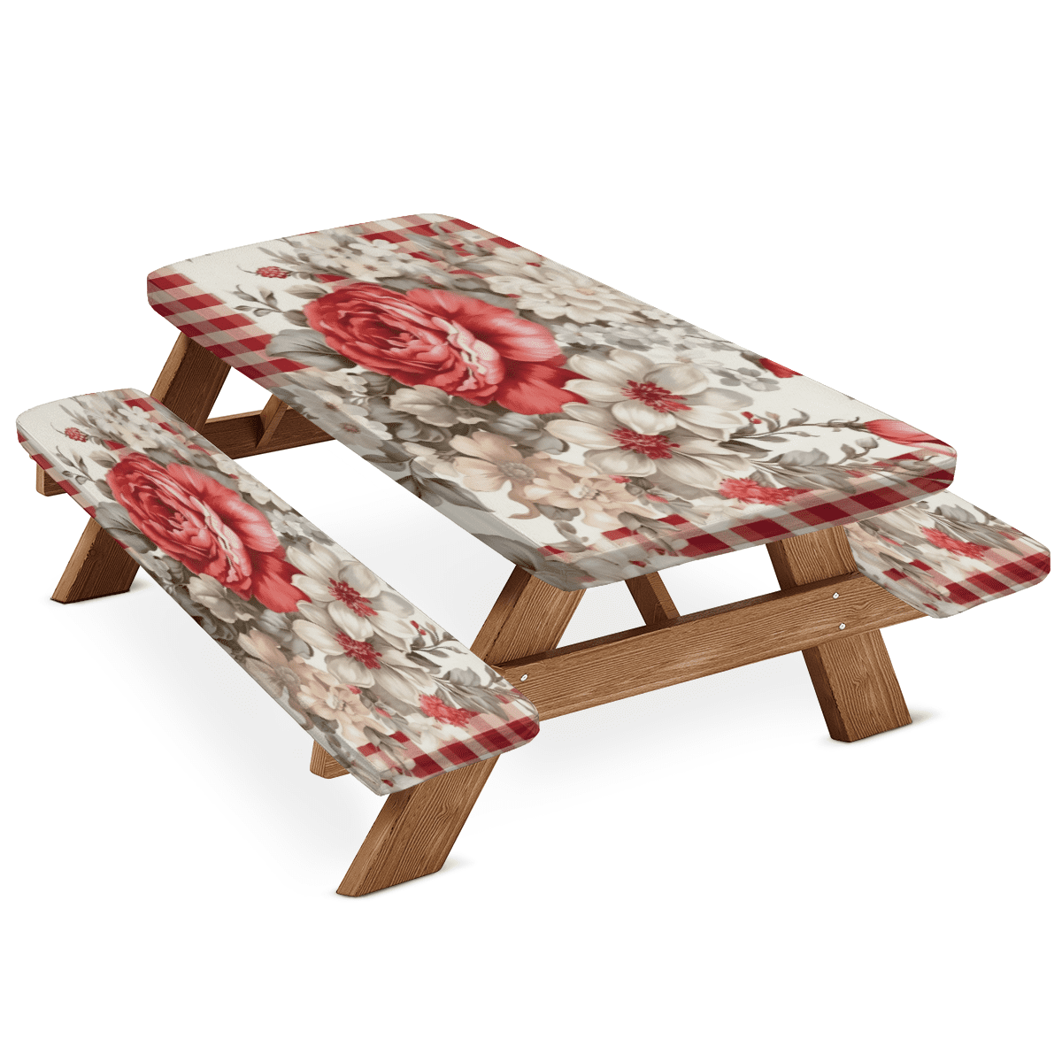 ADECORIVY Peony Flower Check Picnic Table Cover with Bench Covers ...